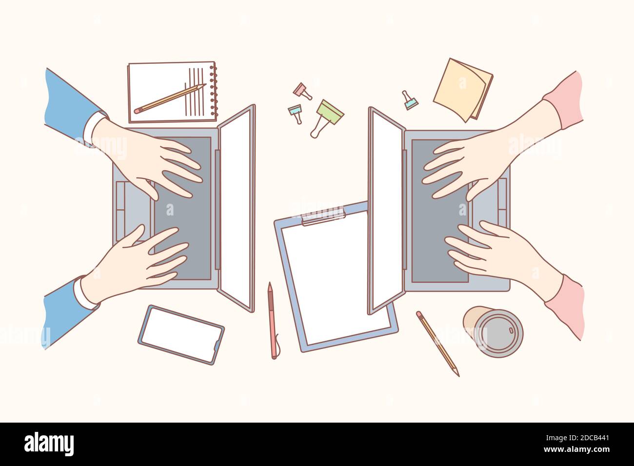 Coworking, business, freelance, coding concept. Team man and woman ...