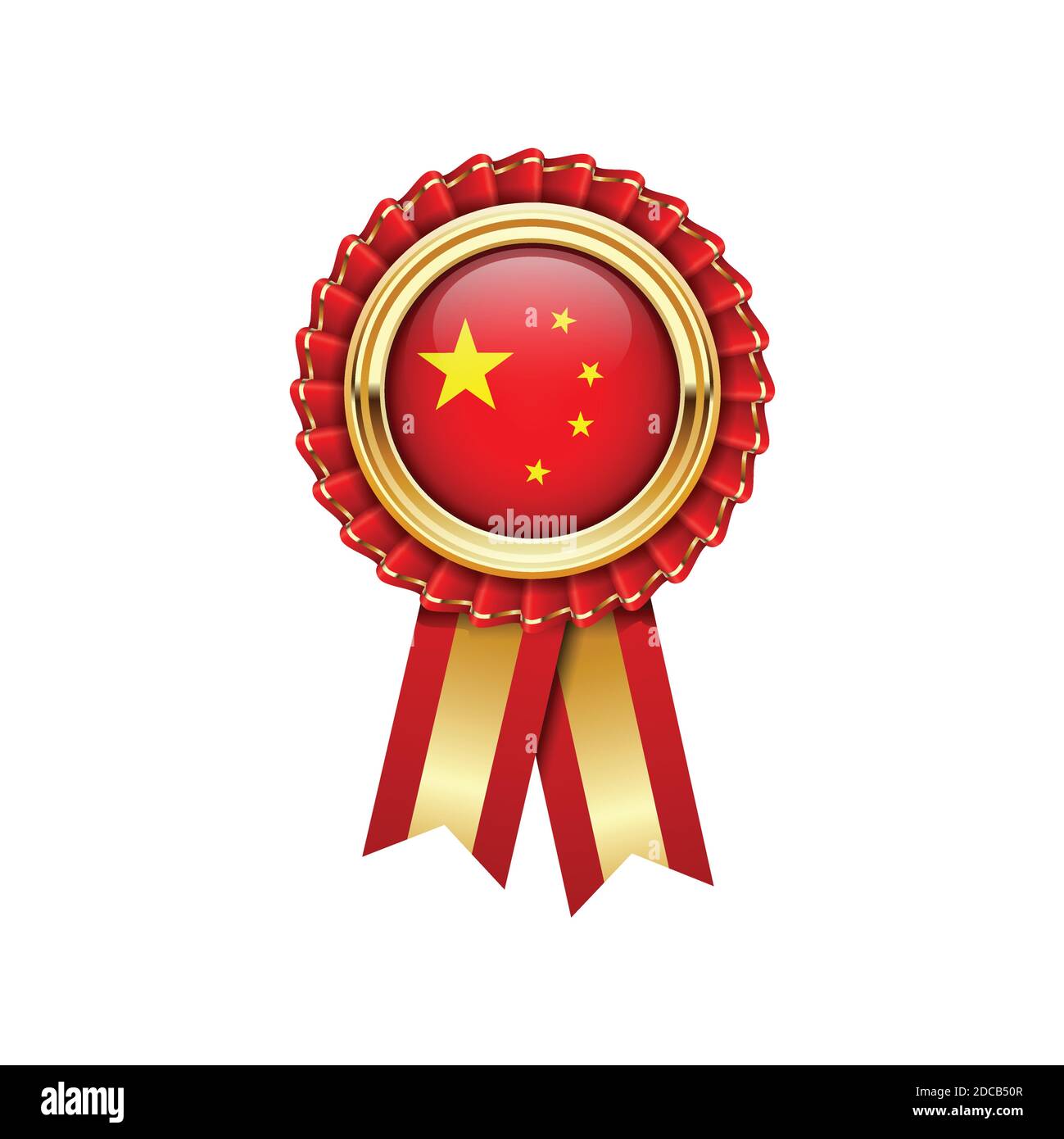 Red rosette with China flag in gold badge, award icon or quality symbol ...
