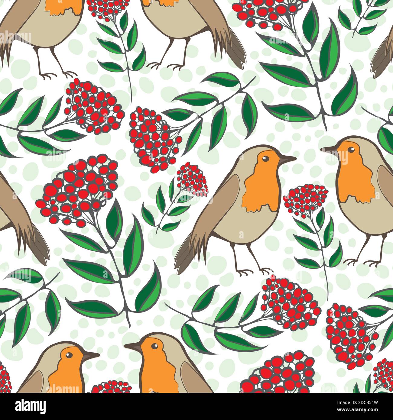 Robin Redbreast, berries and leaves seamless vector pattern background. Hand drawn European ...