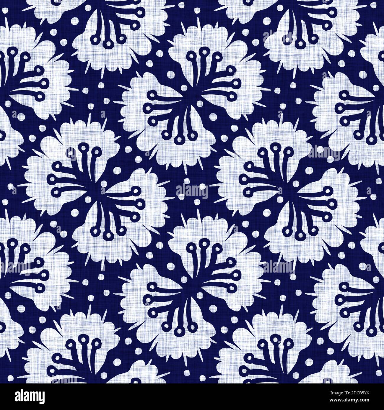 Indigo blue flower block print dyed linen texture background. Seamless ...