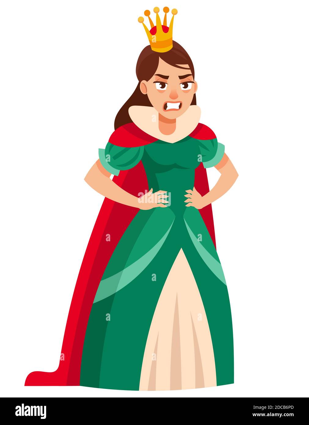 Displeased queen with hands on her belt. Royal character in cartoon ...