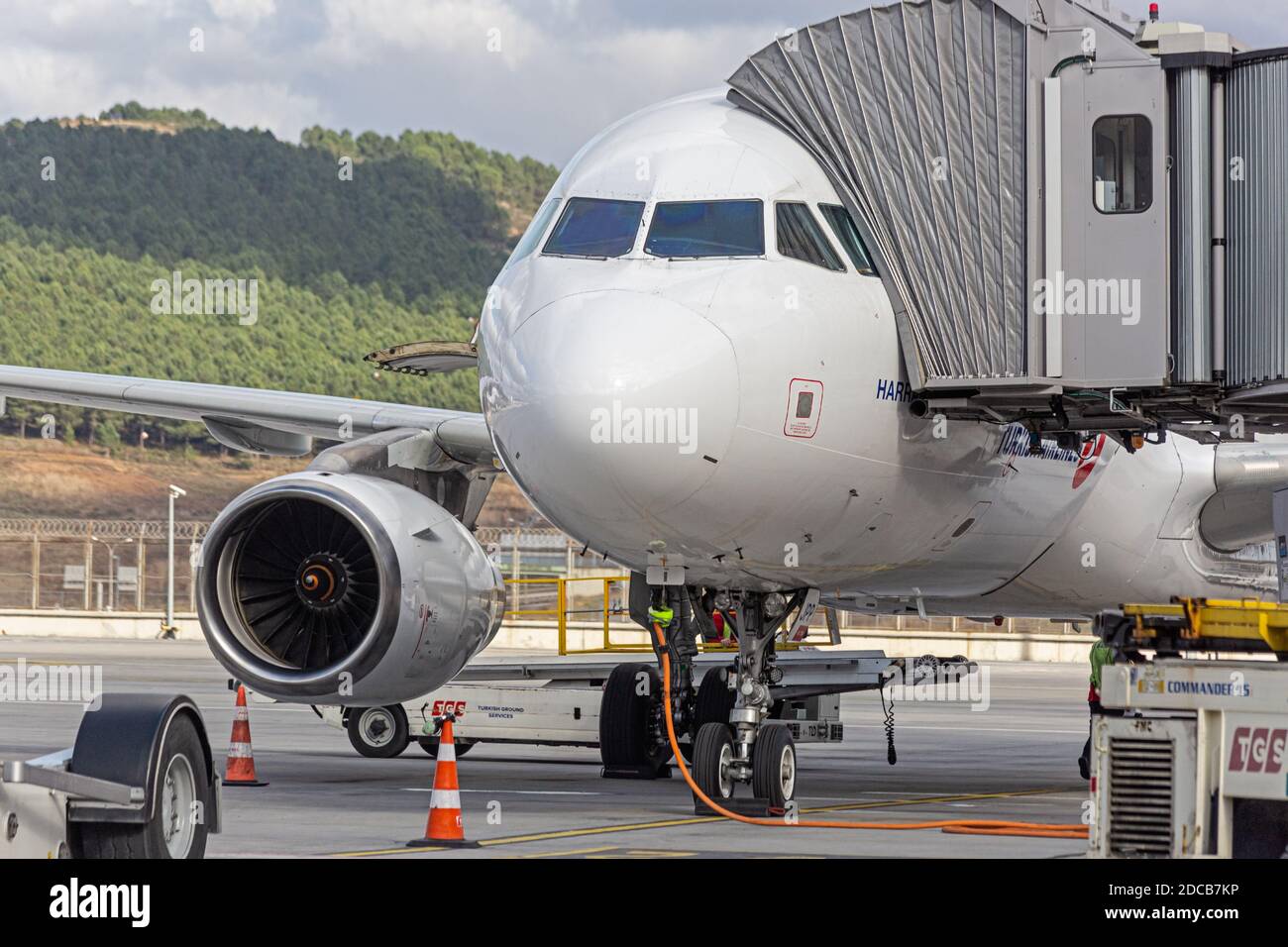 Front view of an Airbus A320 type passenger aircraft and passenger ...