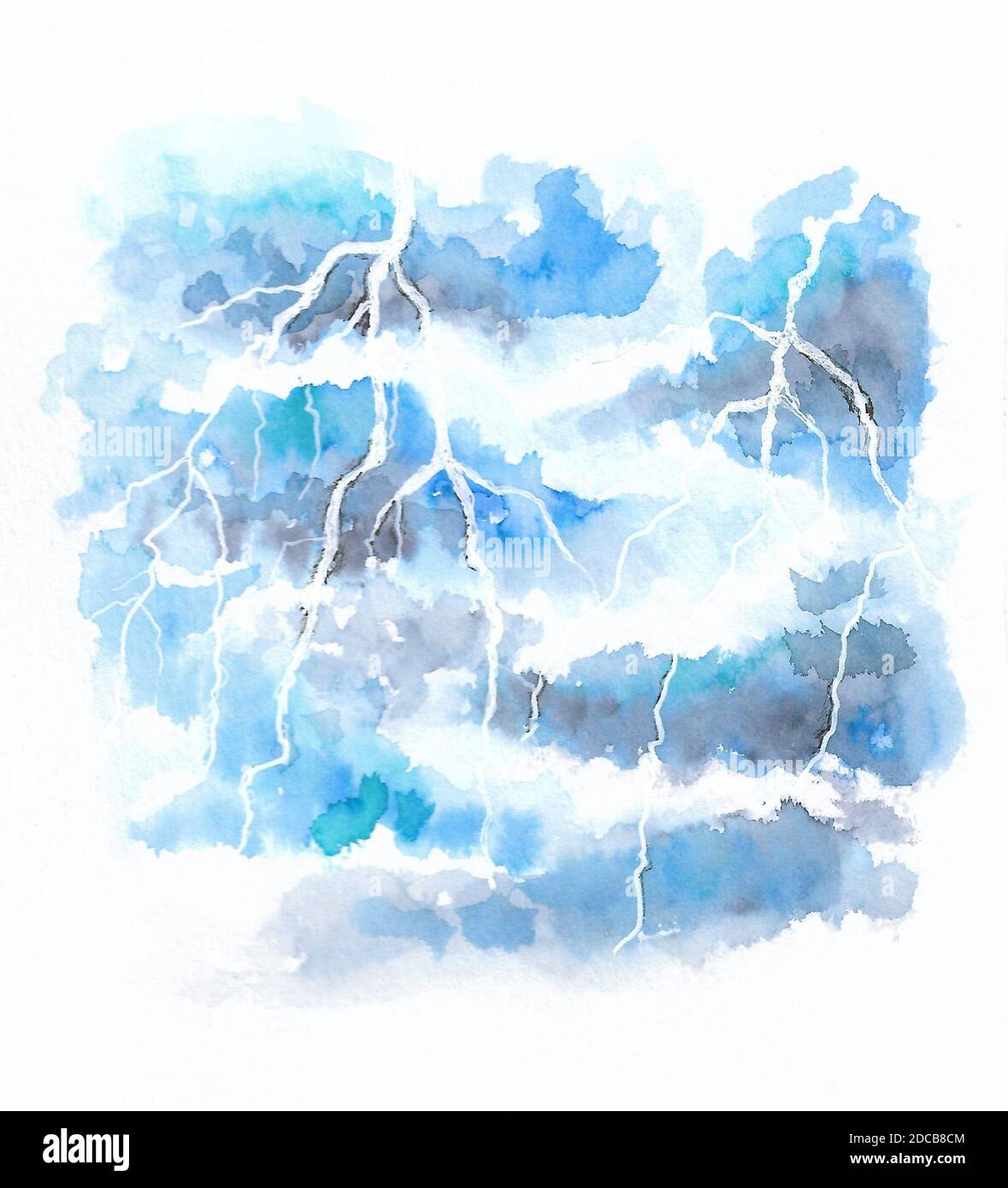 Beautiful blue clouds in storm with lightning watercolour painting ...