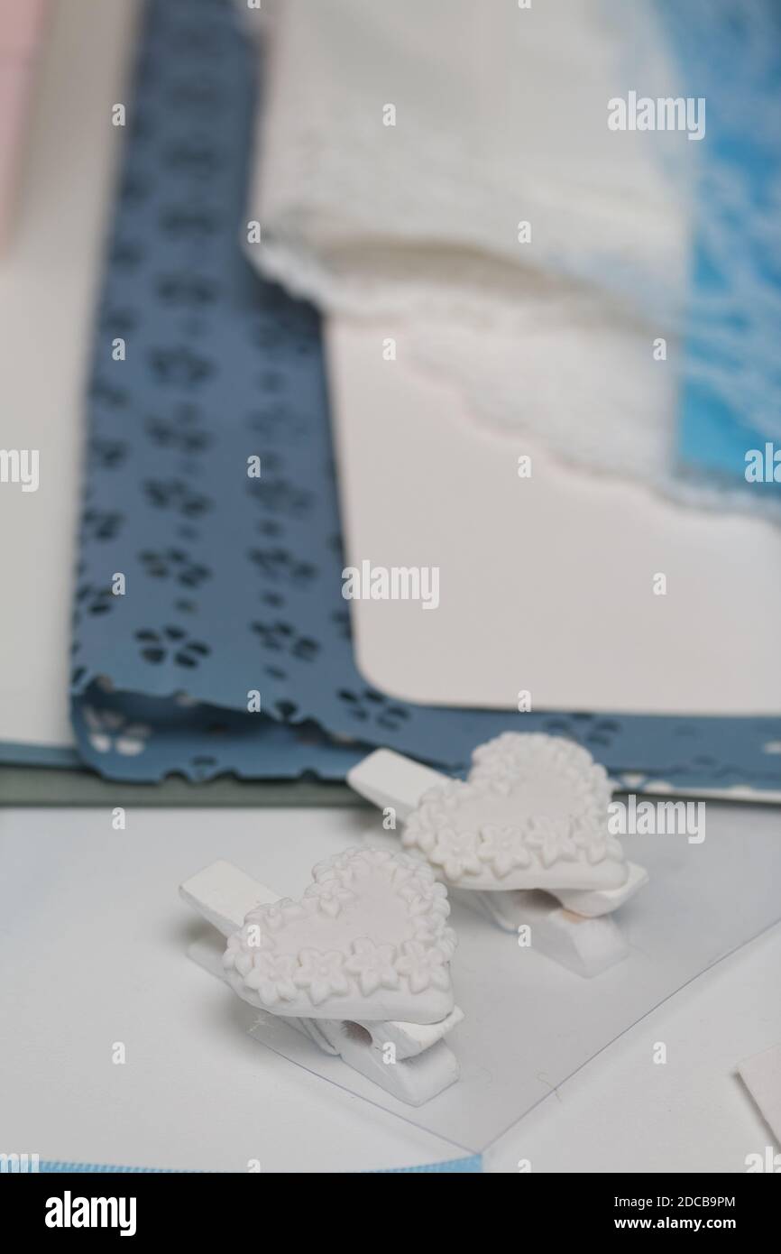 Making greeting cards. Handicraft accessories on the white surface of ...