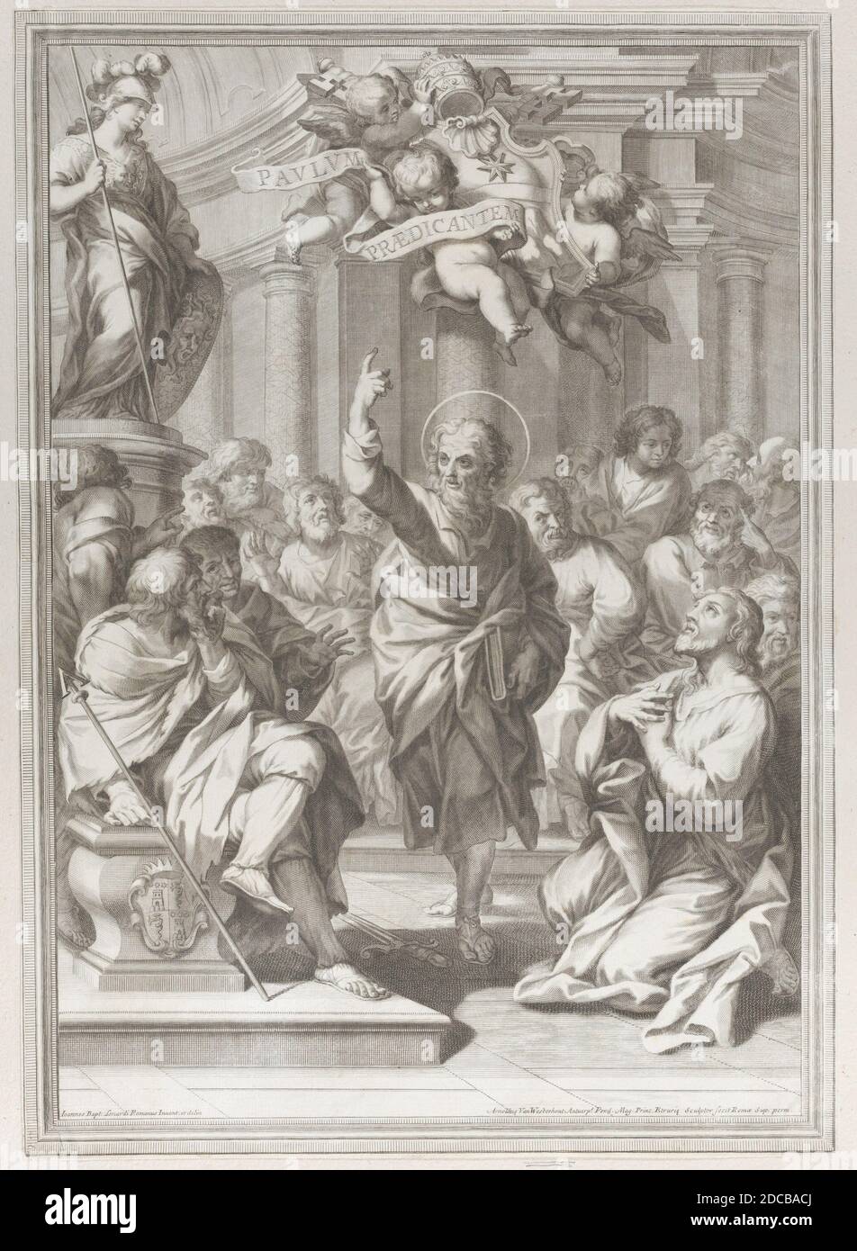 Saint Paul preaching at center, standing in a crowd in a columned ...