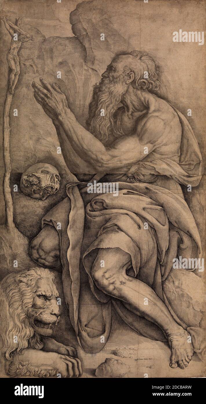 Saint Jerome kneeling before a crucifix, with a skull and lion, ca ...