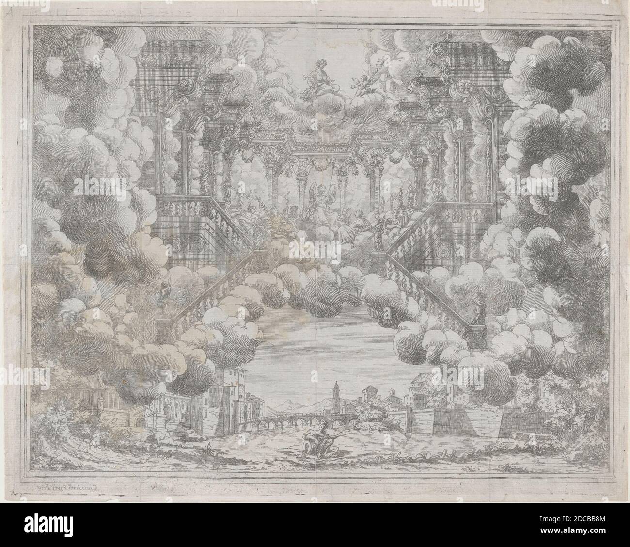 Stage design with allegorical figures on a staircase; from 'L'Eta Dell ...