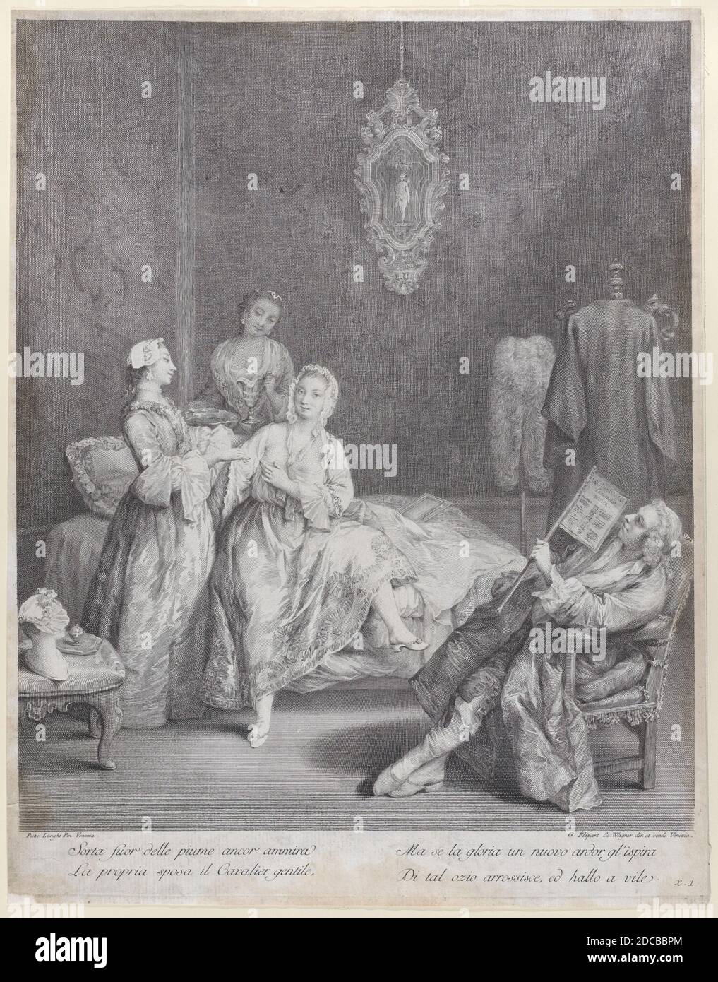 A woman getting out of bed in an elegant interior, with two servants ...