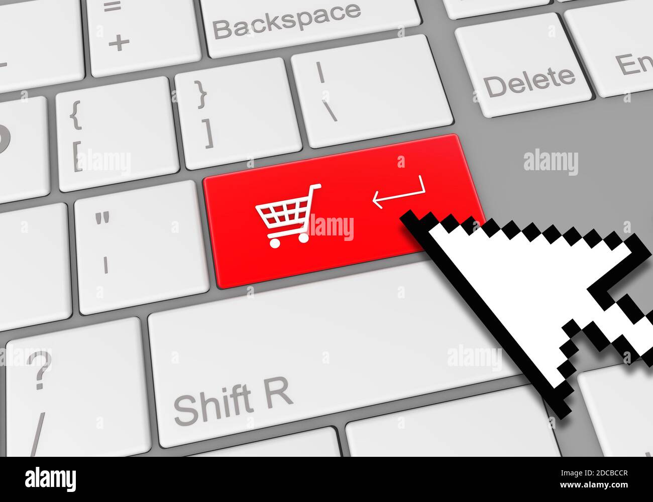 A mouse clicking a special "shopping cart" button on a laptop keyboard ...