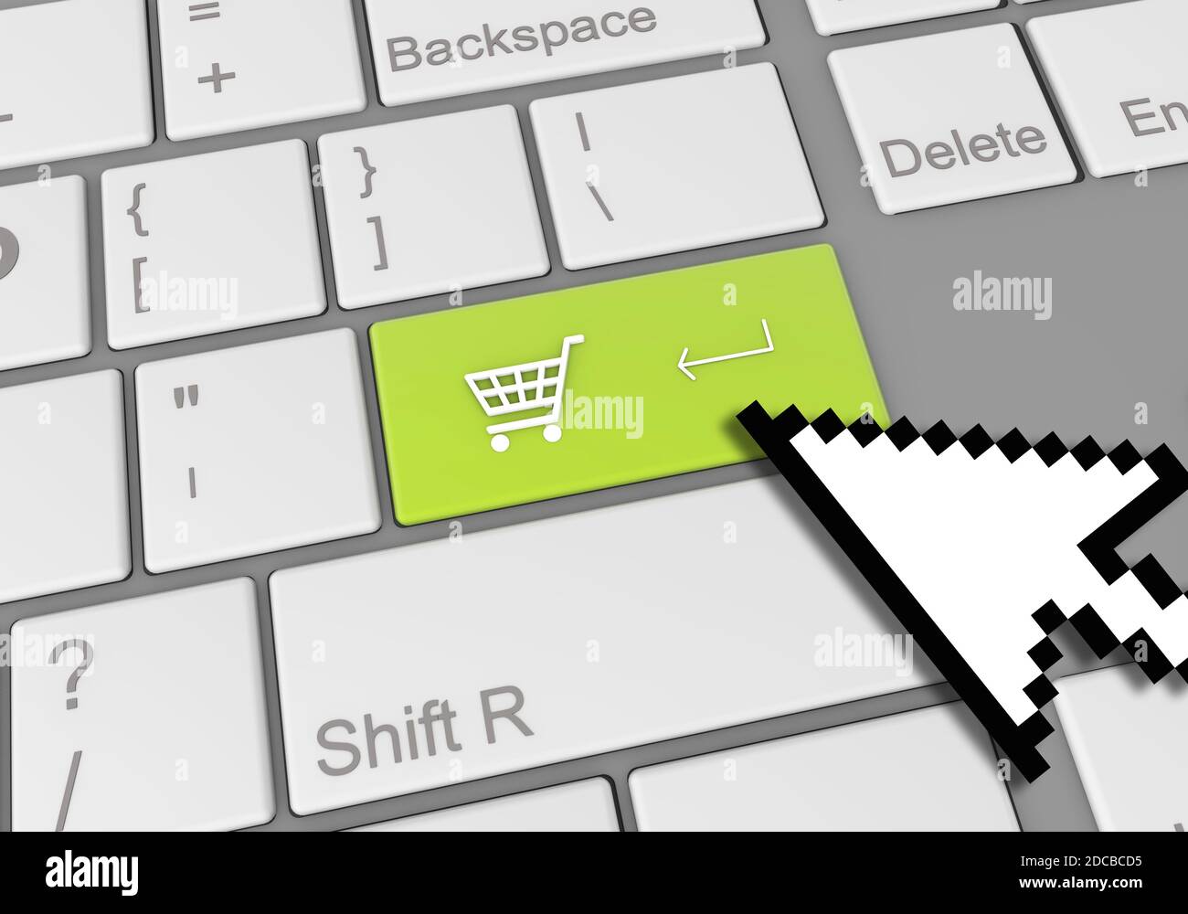 A mouse clicking a special "shopping cart" button on a laptop keyboard ...