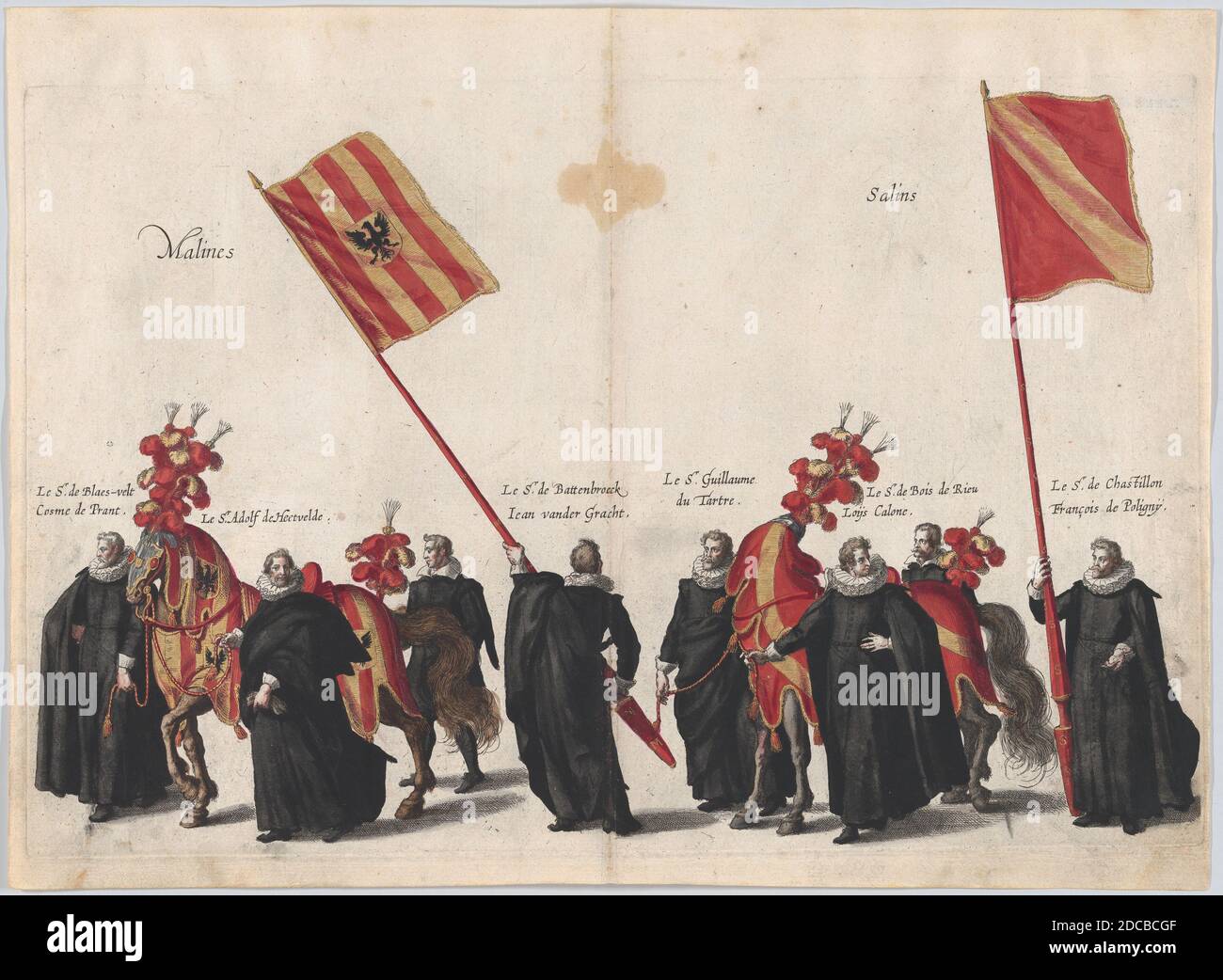 Plate 33: Men with heraldic flags and horses from Mechelen and Salins ...