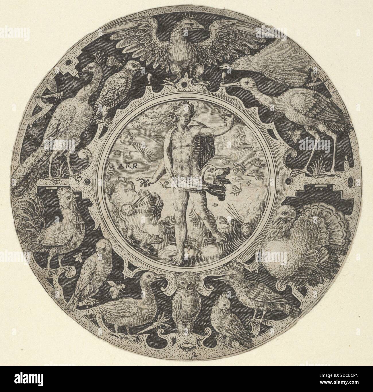 'Aer' in a Decorative Border with Birds, from a Series of Circular Designs with the Four ...