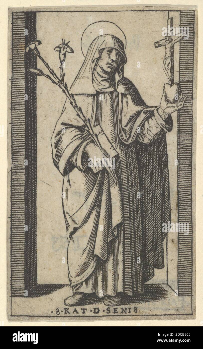 Saint Catherine of Siena standing holding flowers and book in her right ...