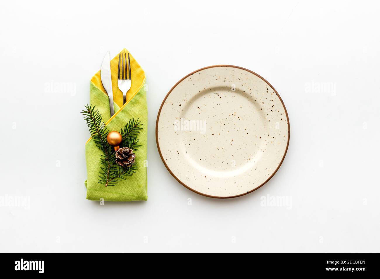 Christmas dinner background. Table setting top view Stock Photo - Alamy