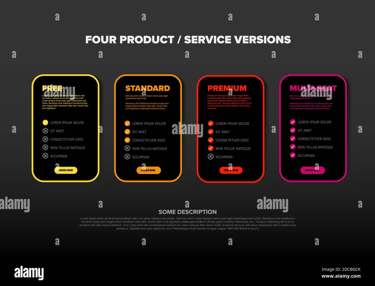 Product features schema template cards with four services, feature ...