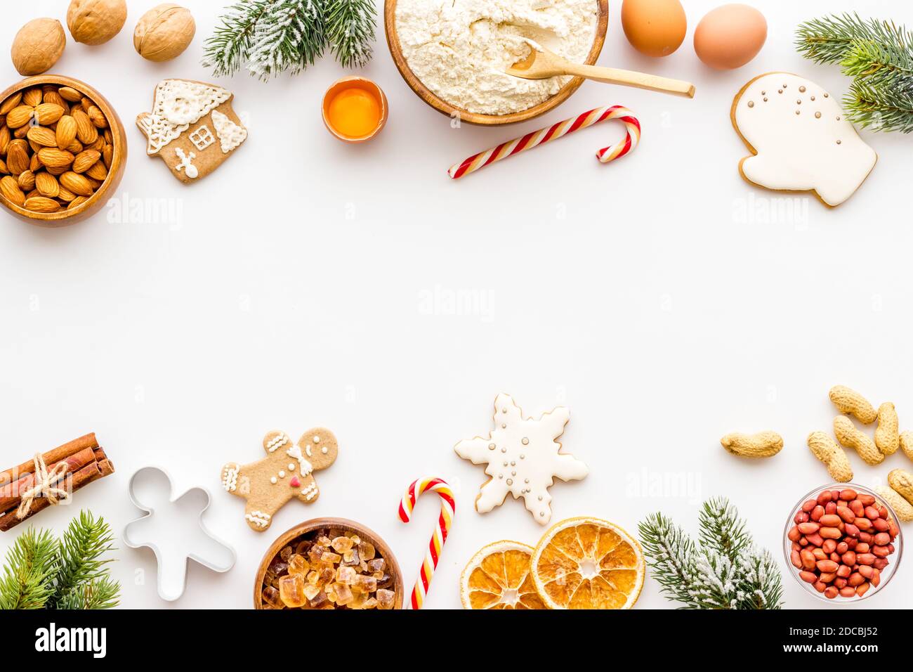Christmas cooking background with gingerbread cookies, overhead view ...