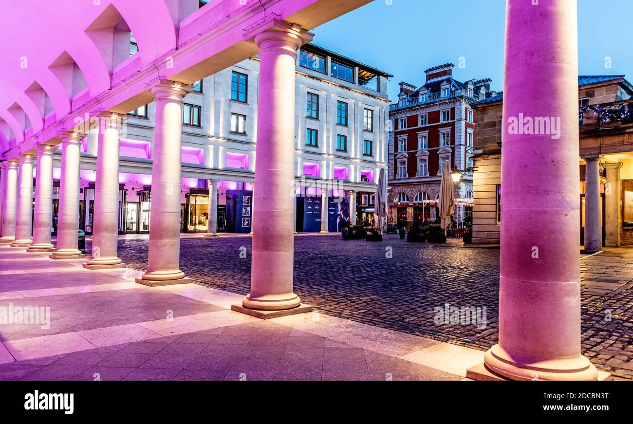 Christmas Lighting at Night On The Colonnade in Covent Garden Stock ...