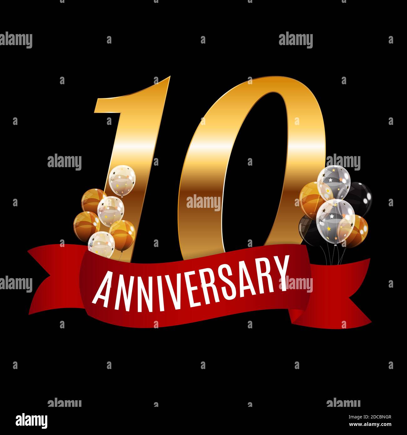 Golden 10 Years Anniversary Template with Red Ribbon Illustration Stock ...