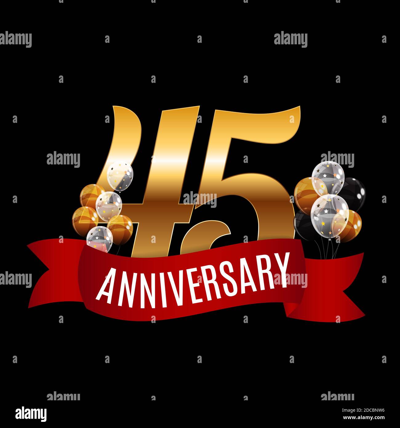 Golden 45 Years Anniversary Template with Red Ribbon Illustration Stock ...