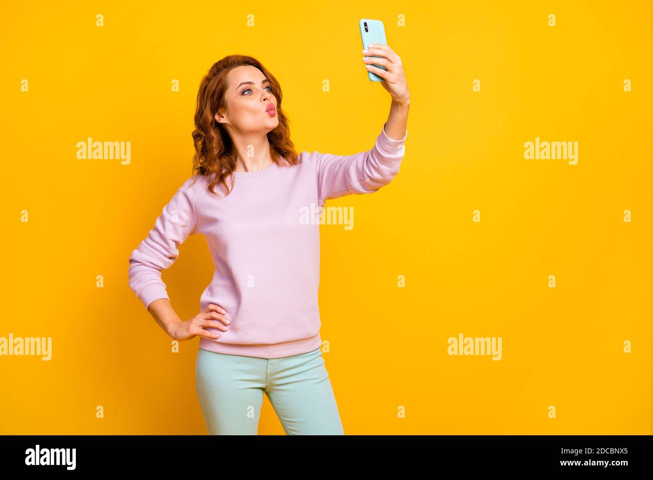 Photo Of Adorable Pretty Lady Hold Telephone Hand Making Selfies