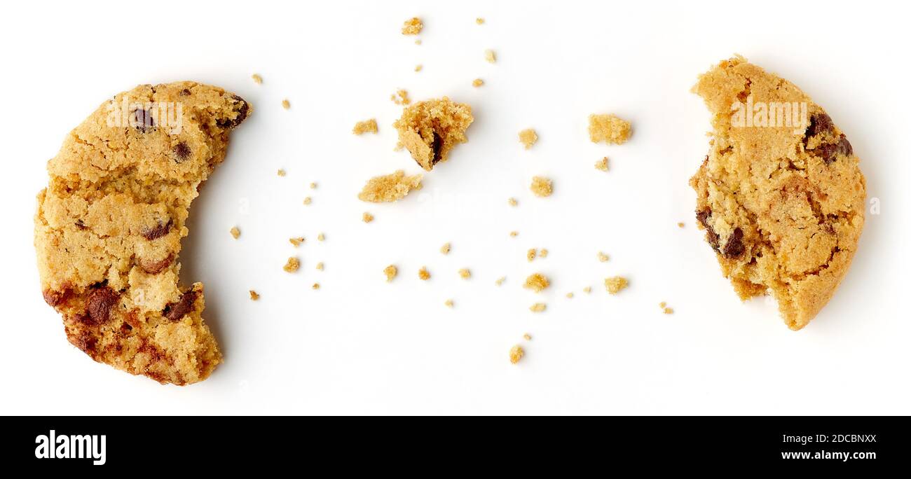 Broken chocolate chip cookie isolated on white background, top view ...
