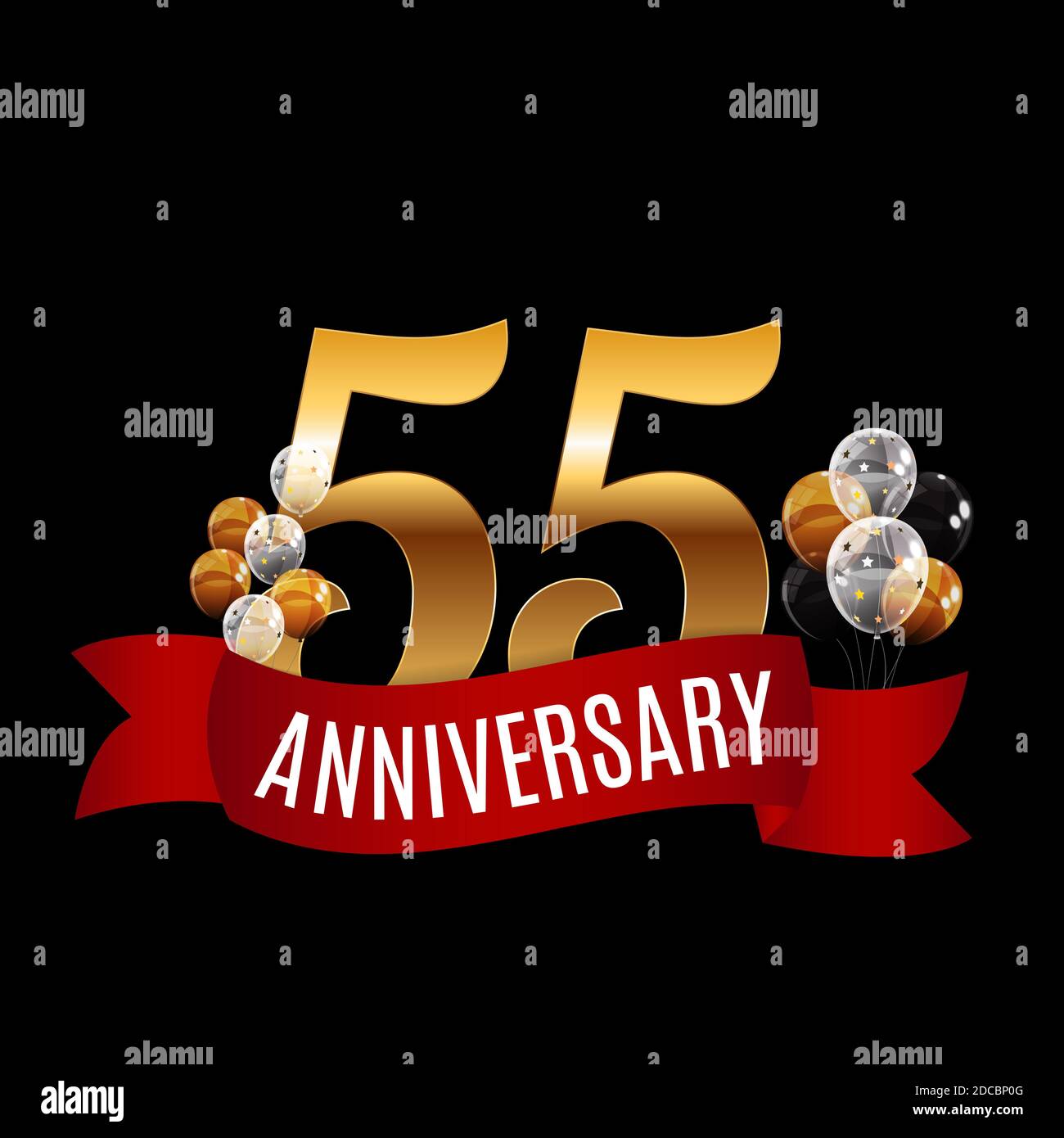 Golden 55 Years Anniversary Template with Red Ribbon Illustration Stock ...