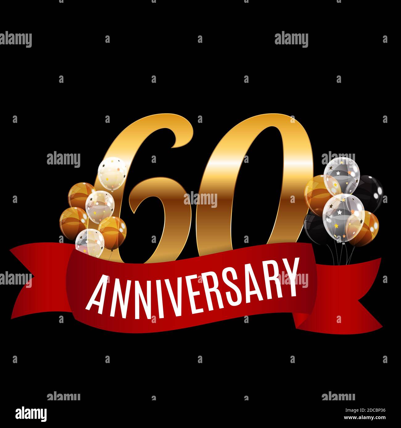 Golden 60 Years Anniversary Template with Red Ribbon Illustration Stock ...