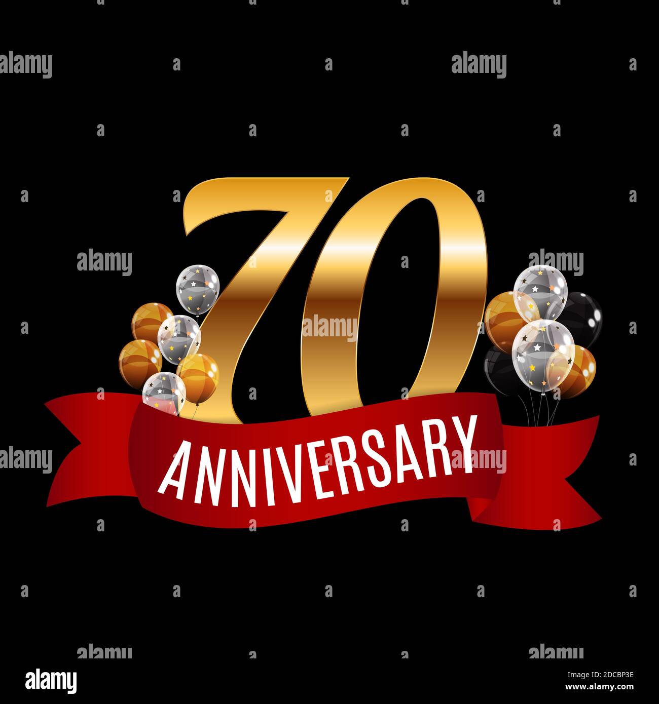 Golden 70 Years Anniversary Template with Red Ribbon Illustration Stock ...
