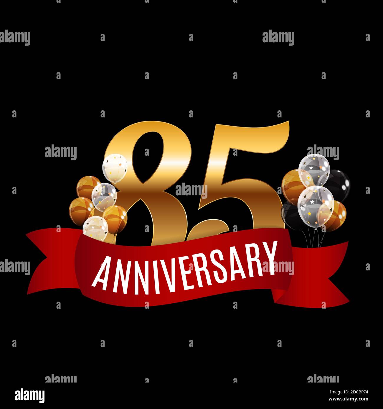 Golden 85 Years Anniversary Template with Red Ribbon Illustration Stock ...