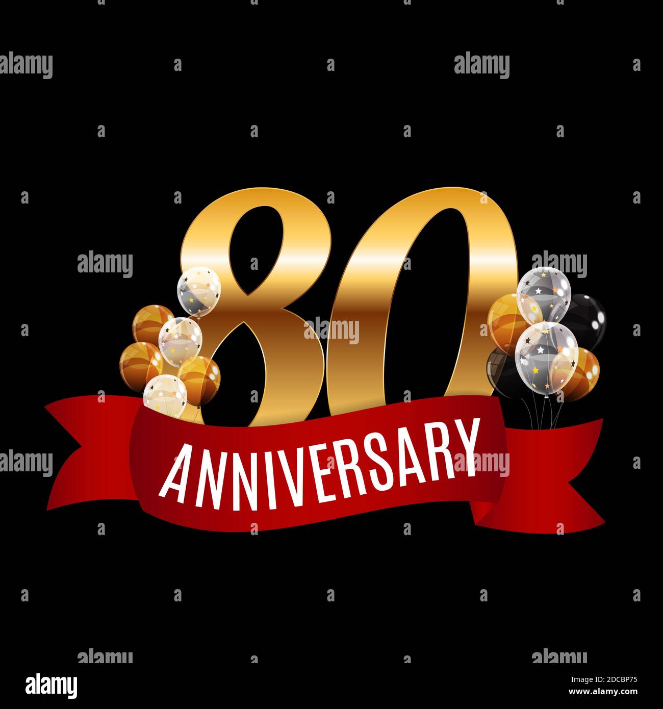 Golden 80 Years Anniversary Template with Red Ribbon Illustration Stock ...