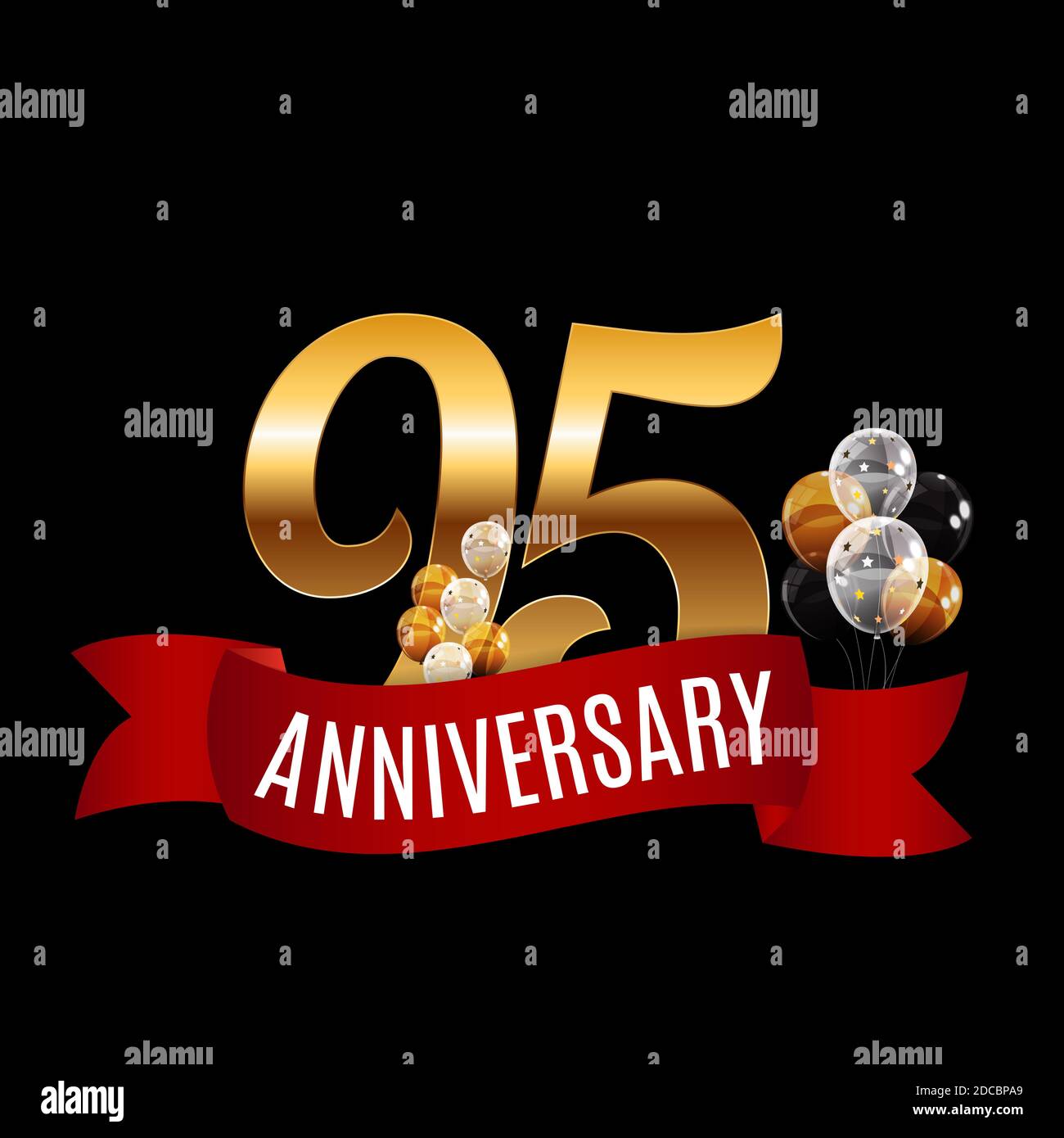 Golden 95 Years Anniversary Template with Red Ribbon Illustration Stock ...