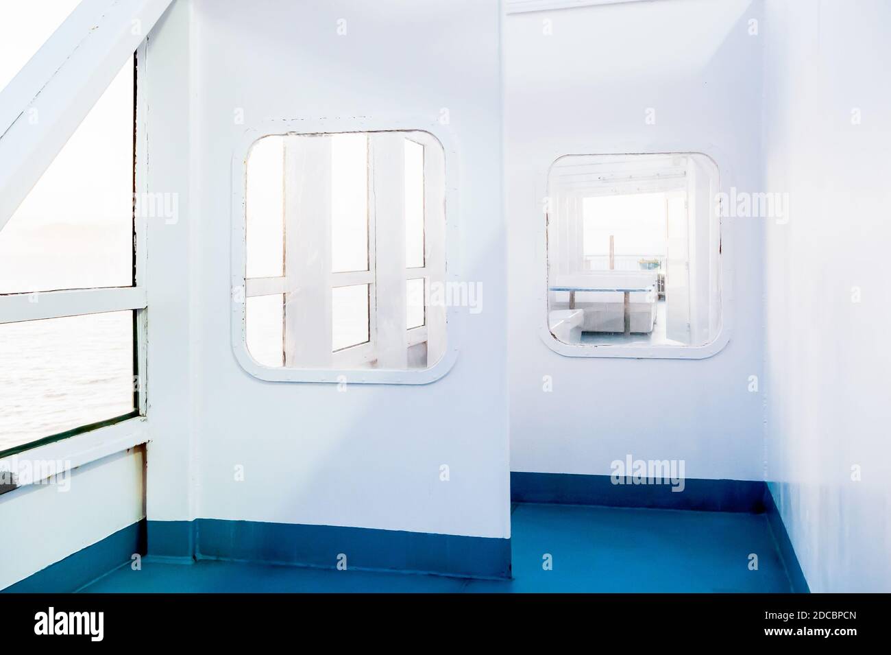 Shots of the windows and deck walls of a ferry crossing between Corsica ...