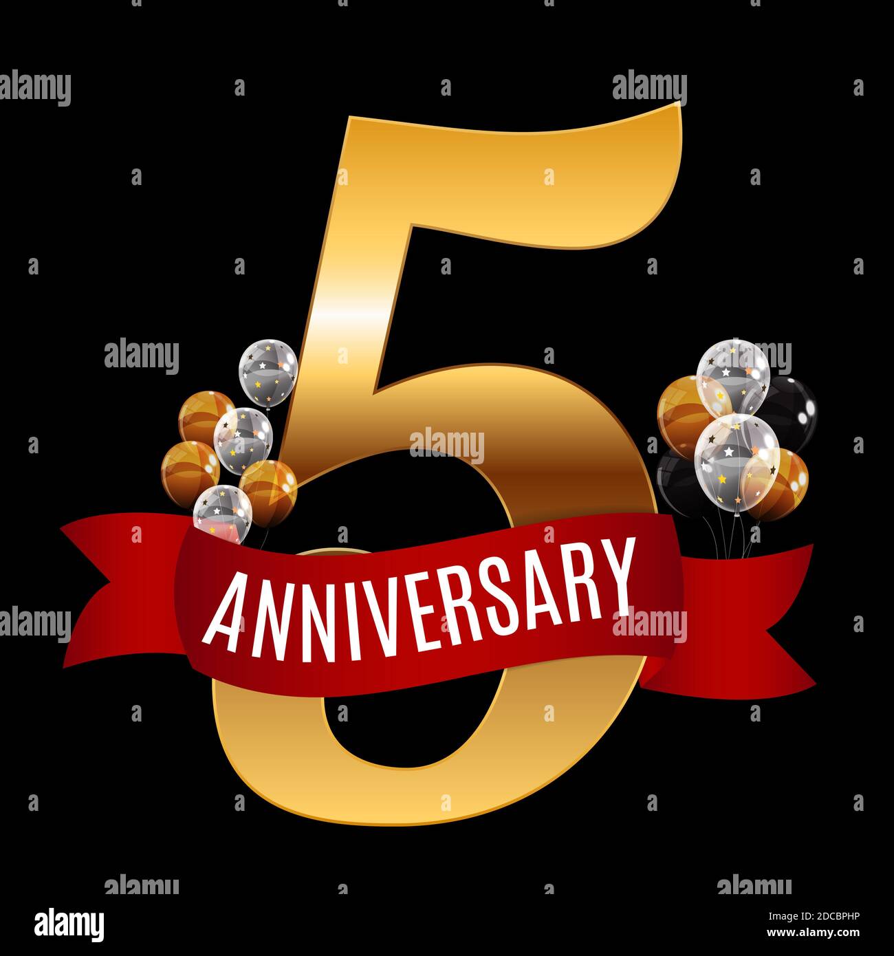Golden 5 Years Anniversary Template with Red Ribbon Illustration Stock ...