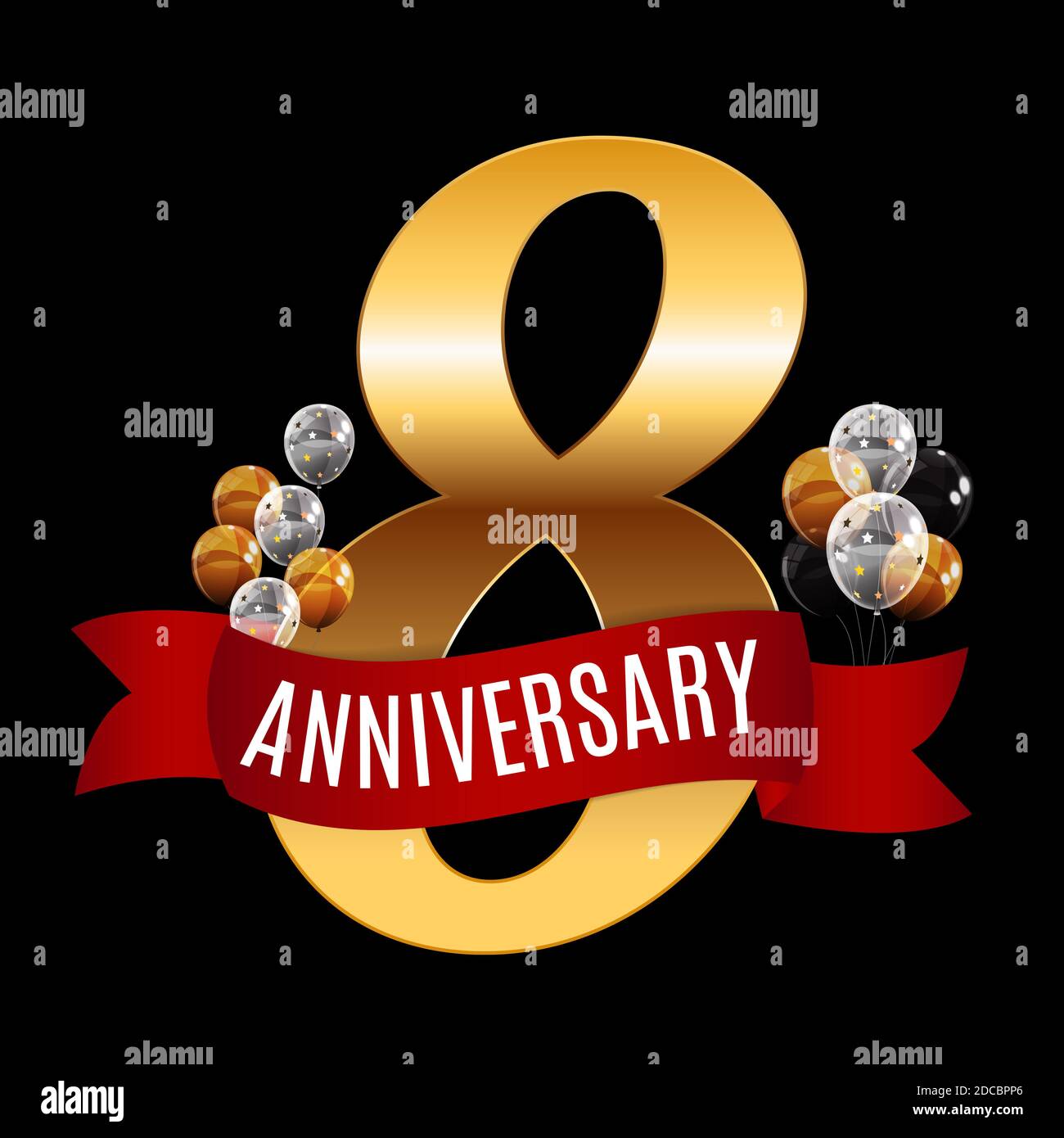 Golden 8 Years Anniversary Template with Red Ribbon Illustration Stock ...