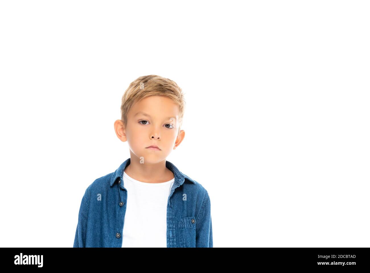 Serious child looking at camera isolated on white Stock Photo - Alamy