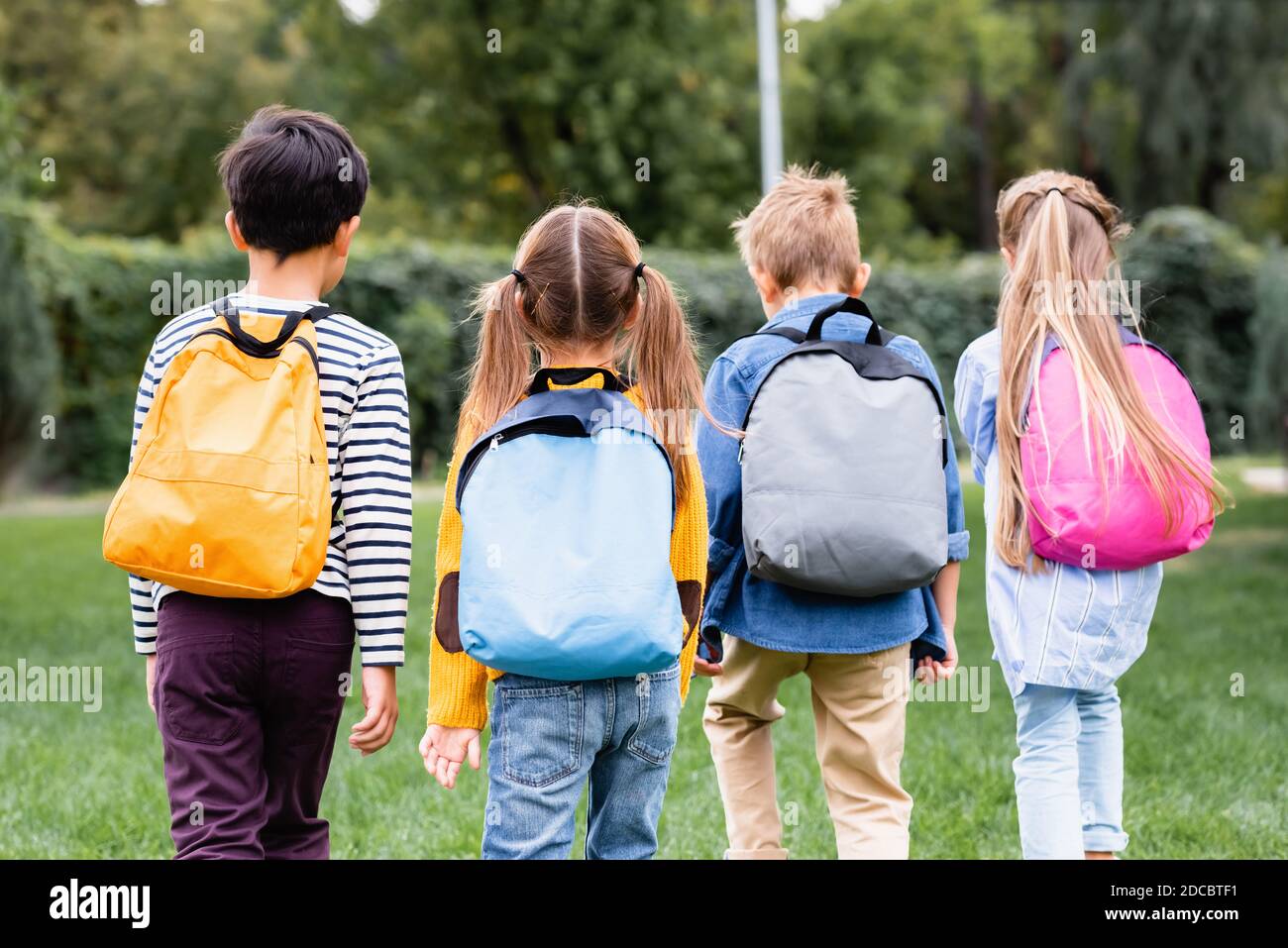 Back view of schoolkids with backpacks walking on lawn Stock Photo - Alamy