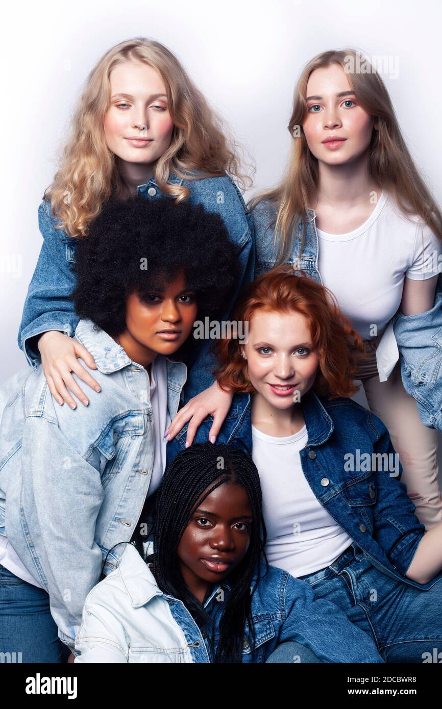 diverse multi nation girls group, teenage friends company cheerful ...