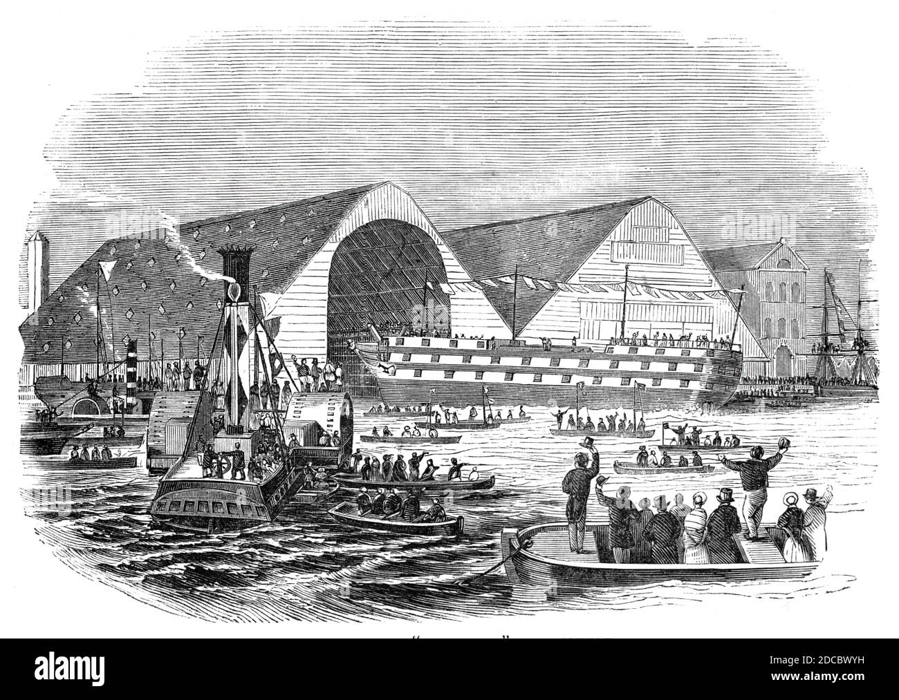 Launch of the "Boscawen" at Woolwich, 1844. Crowds cheer as the warship ...