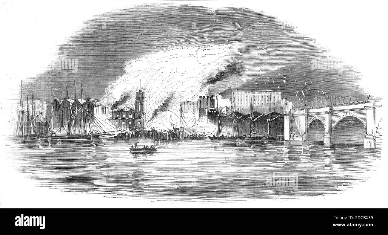 The Great Fire near London Bridge, view of the fire from the river ...