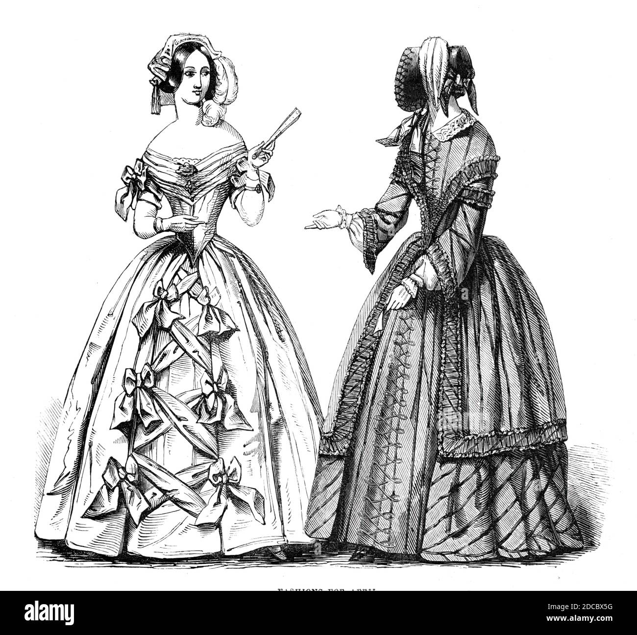 Fashions for April, 1844. 'A cachemire Turban-cap. A crape dress ...