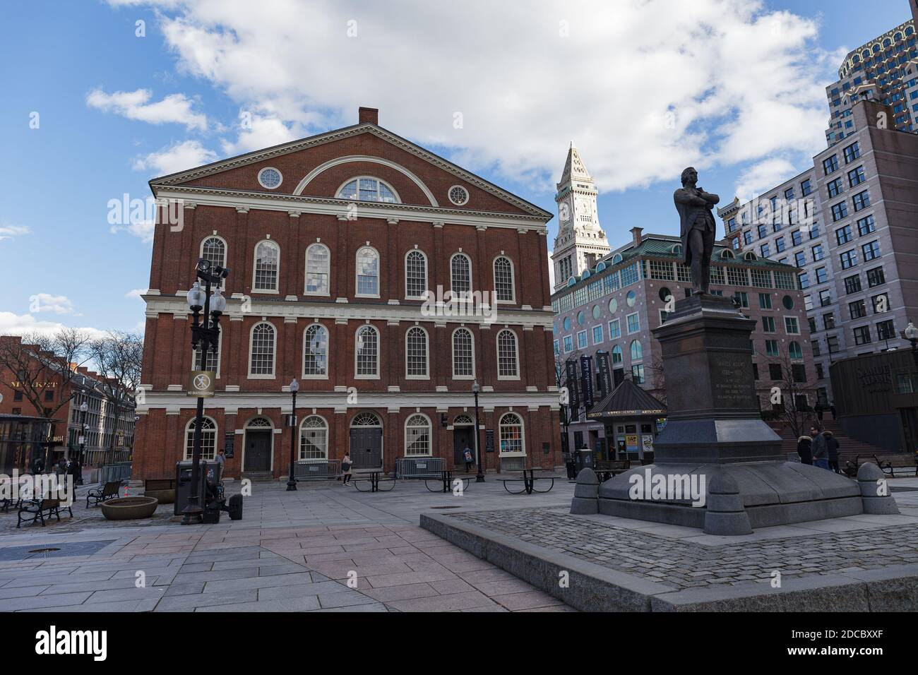 BOSTON, MA, USA - FEBRUARY, 28, 2020: Street scene at Quincy Market ...