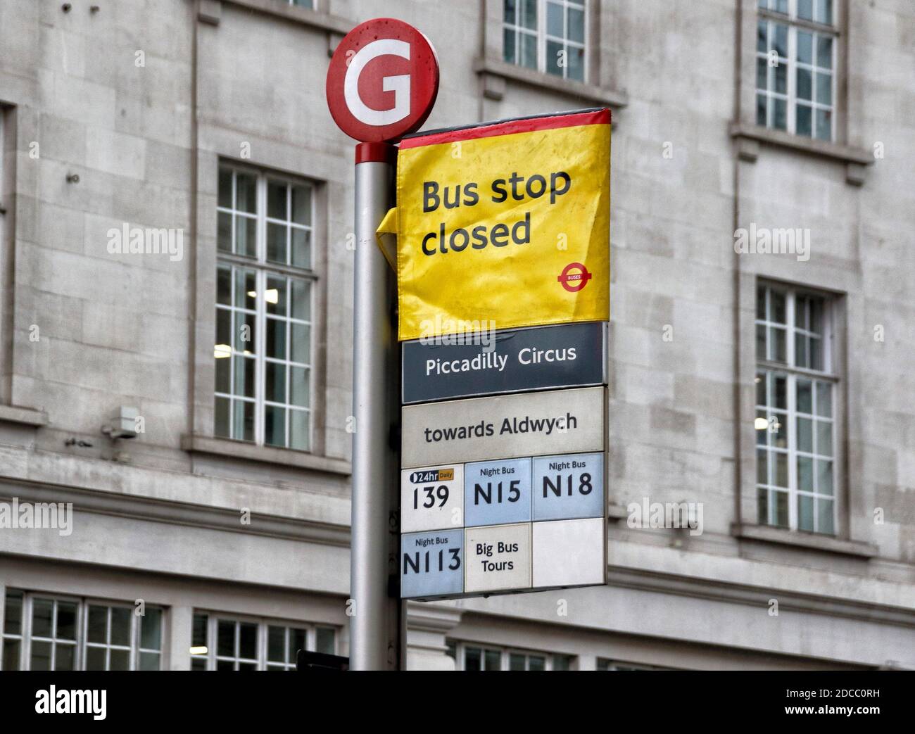 London, UK. 19th Nov, 2020. View of a 'Bus stop closed' sign on Regent ...