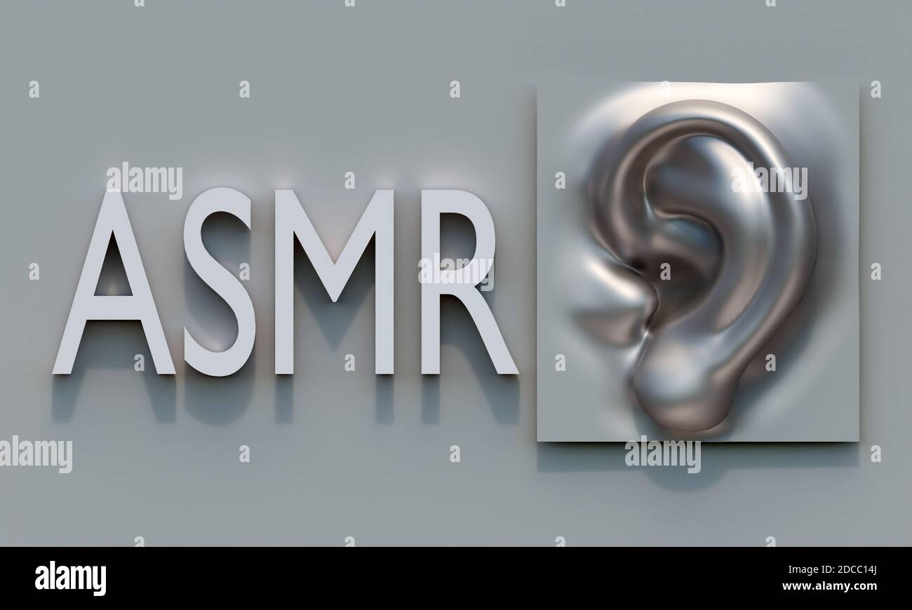 Concept of listening ASMR, grey metallic ear with words. Autonomous ...