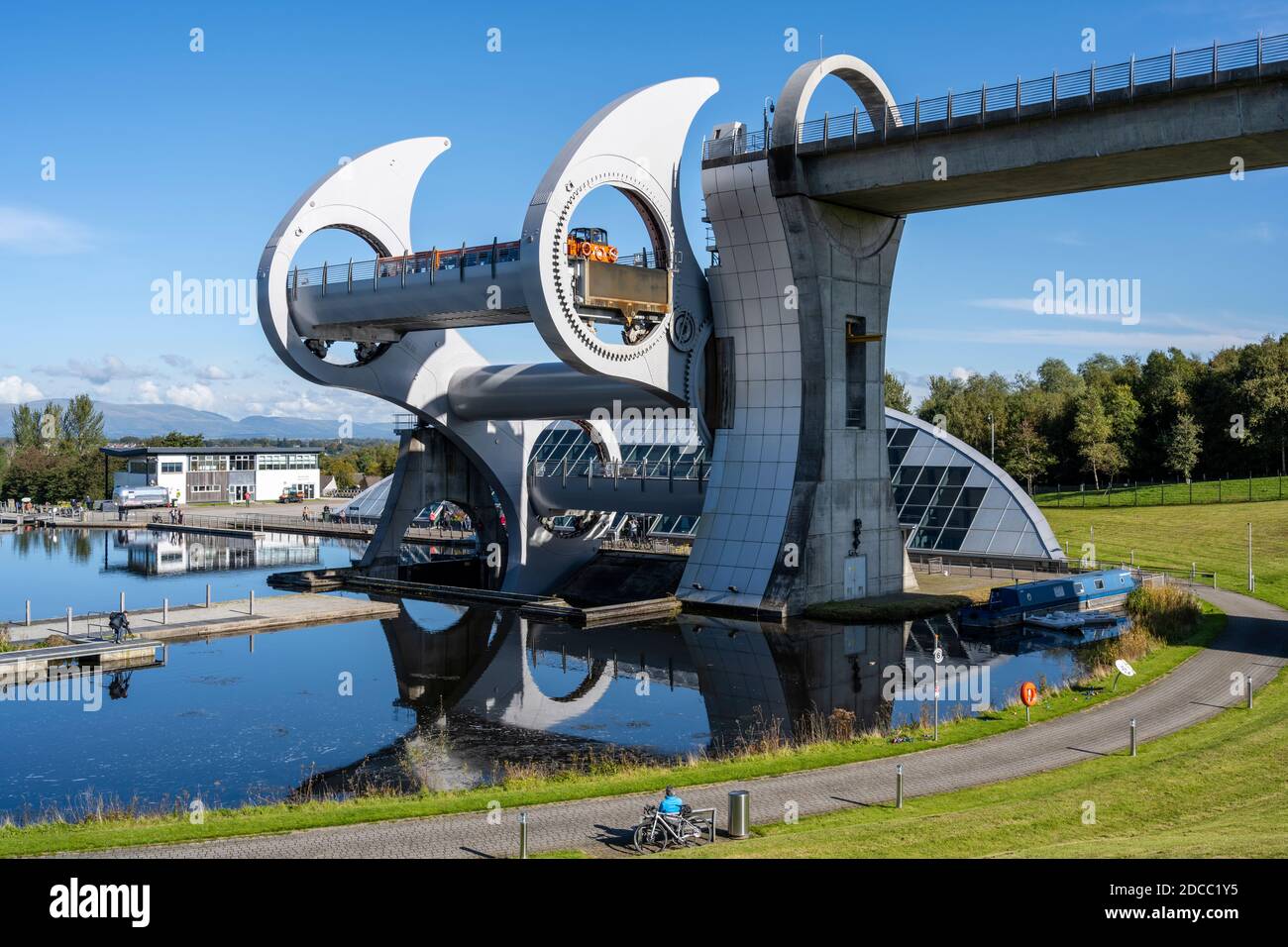 Canal boat descending from the top of the Falkirk Wheel rotating boat ...