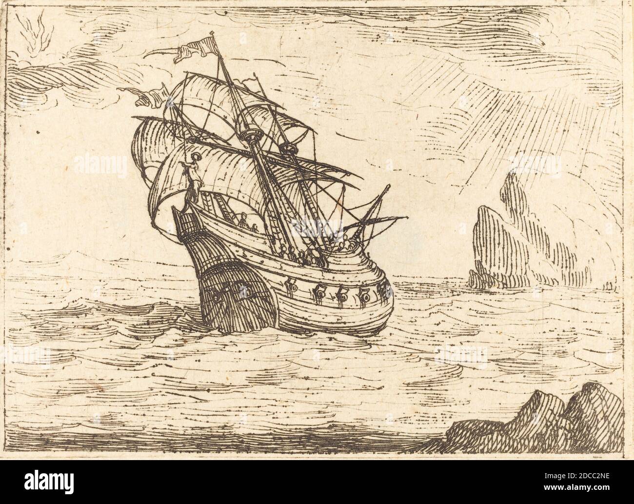 Jacques Callot, (artist), French, 1592 - 1635, Ship Navigating Near ...