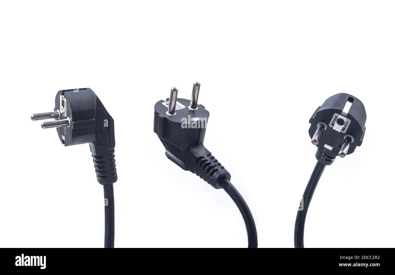 Various positions of black electric plug outlet on white background ...