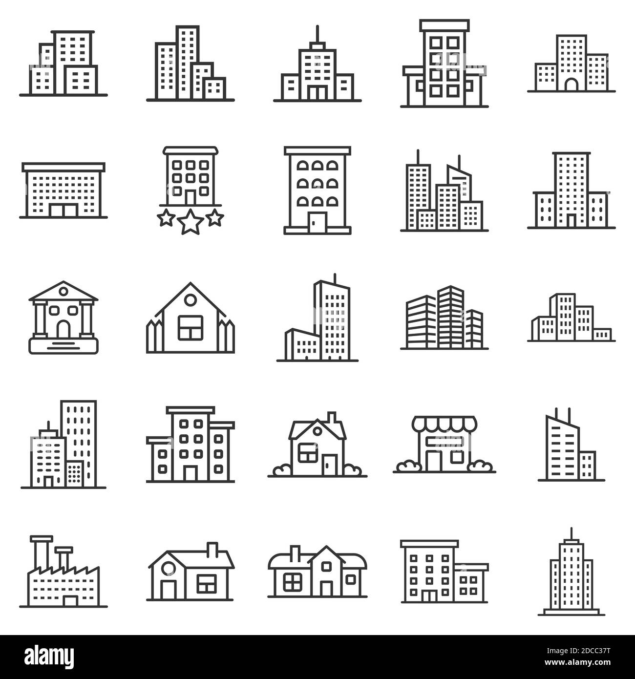Building icon set in flat style. Town skyscraper apartment vector ...