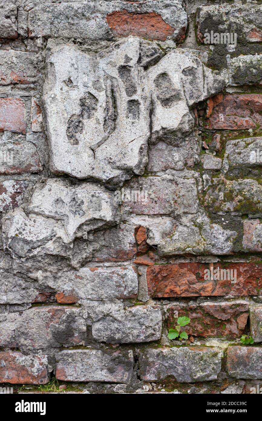 Old weathered brick wall. Aged brick wall with cracked plaster ...