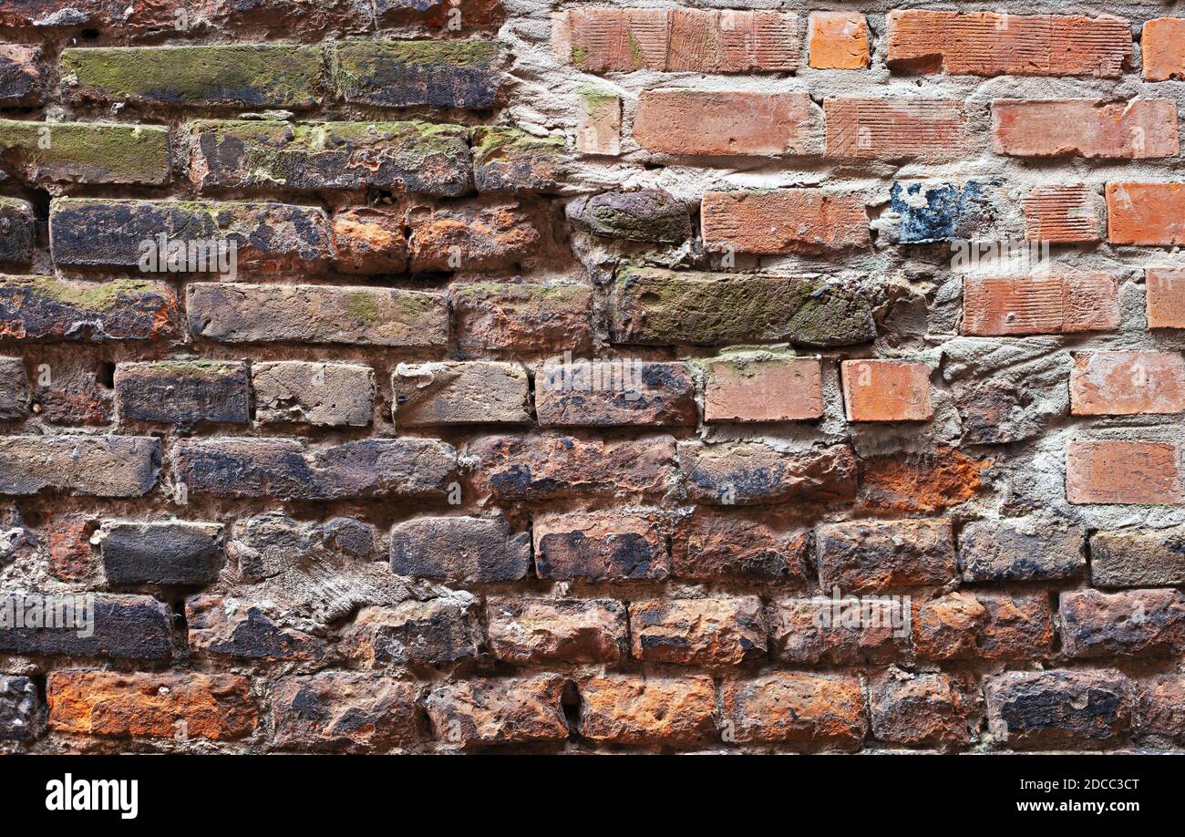 Old weathered brick wall. Aged brick wall with cracked plaster ...
