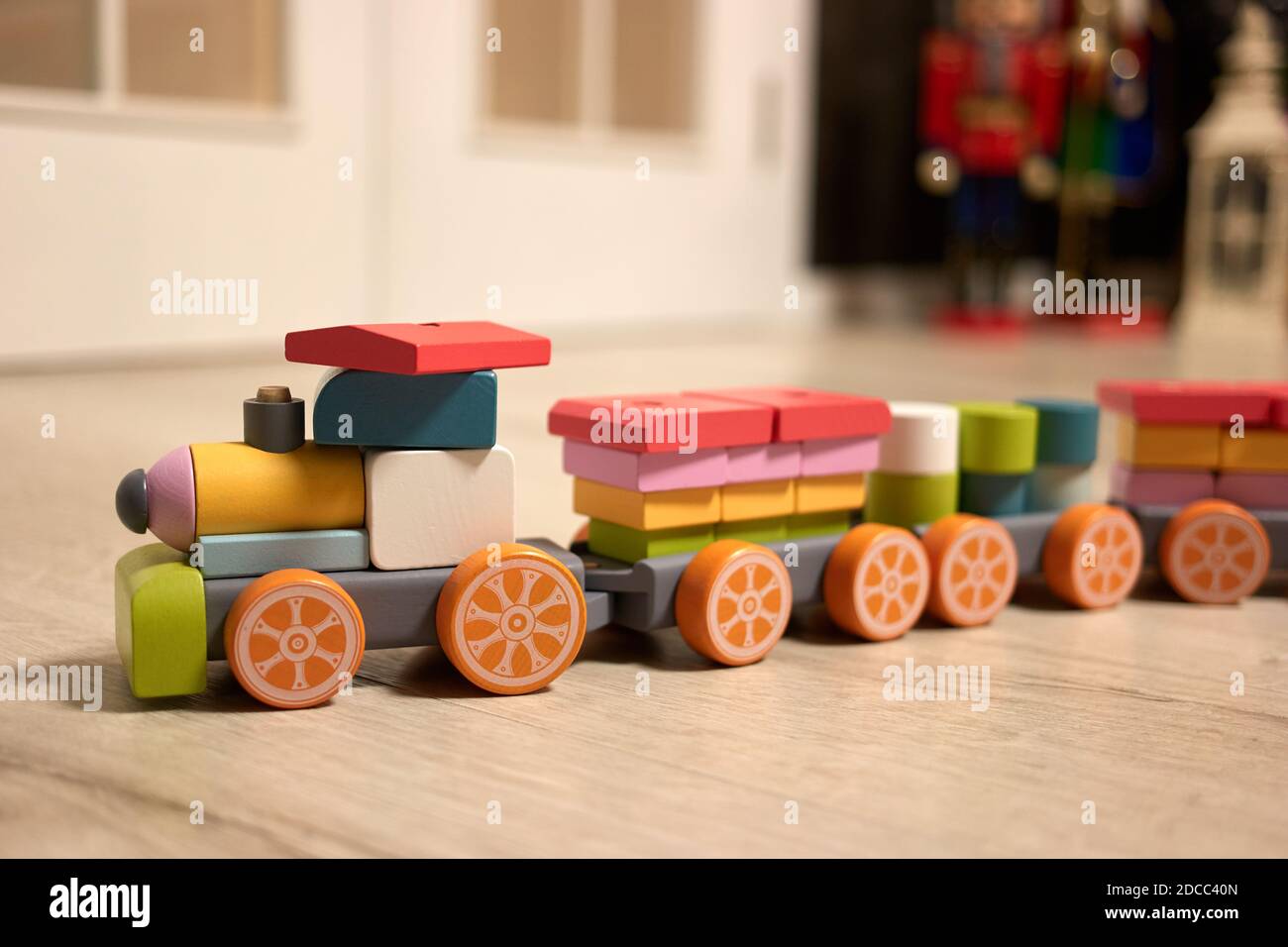 Toy train made out of colored wooden blocks Stock Photo - Alamy